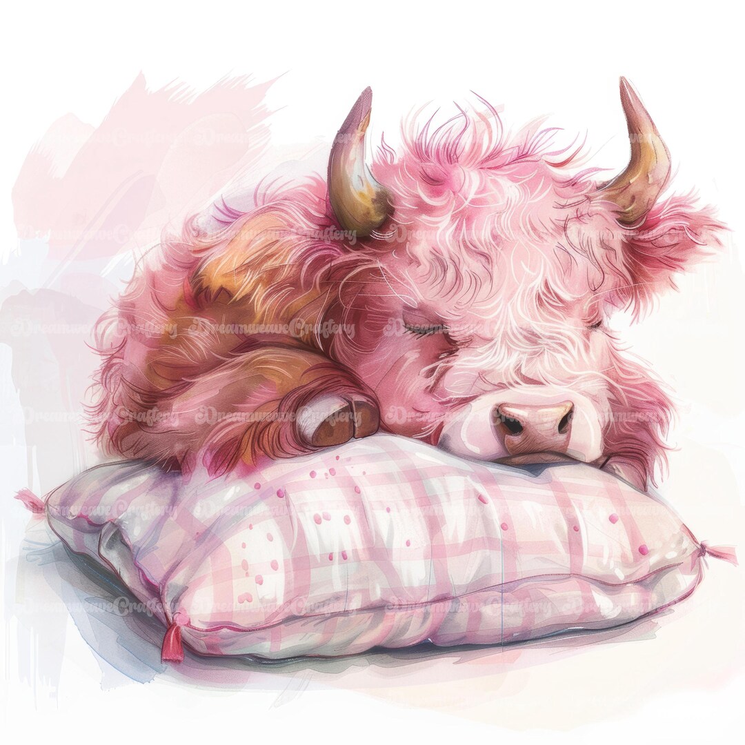 10 Pink Cartoon Baby Highland Cow Sleeping Watercolor Art Printable ...