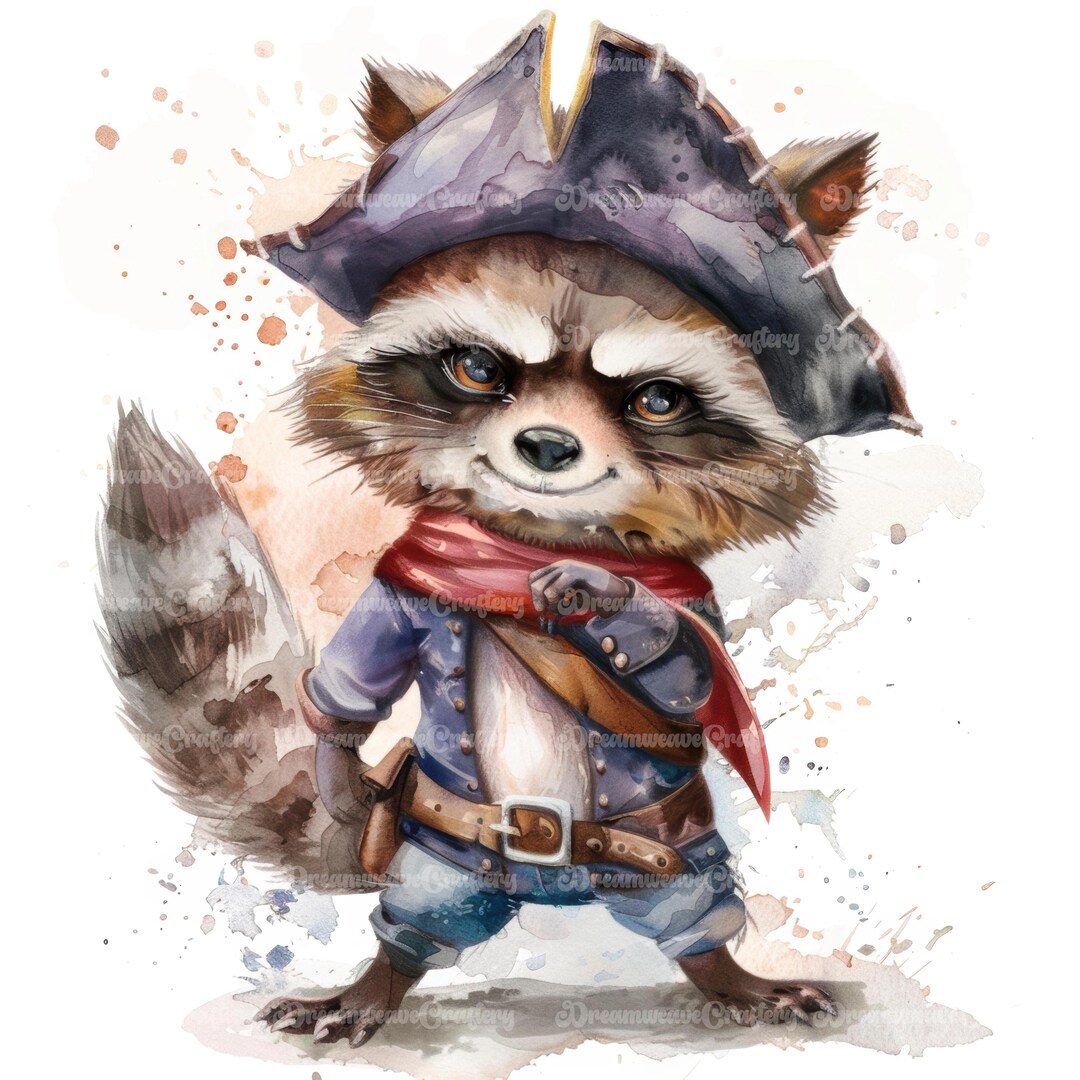 10 Funny Cartoon Buccaneer Racoon Animals Watercolor Art Printable High ...