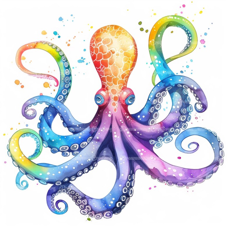 10 Pretty Cartoon Rainbow Octopus Clipart Printable Watercolor High ...