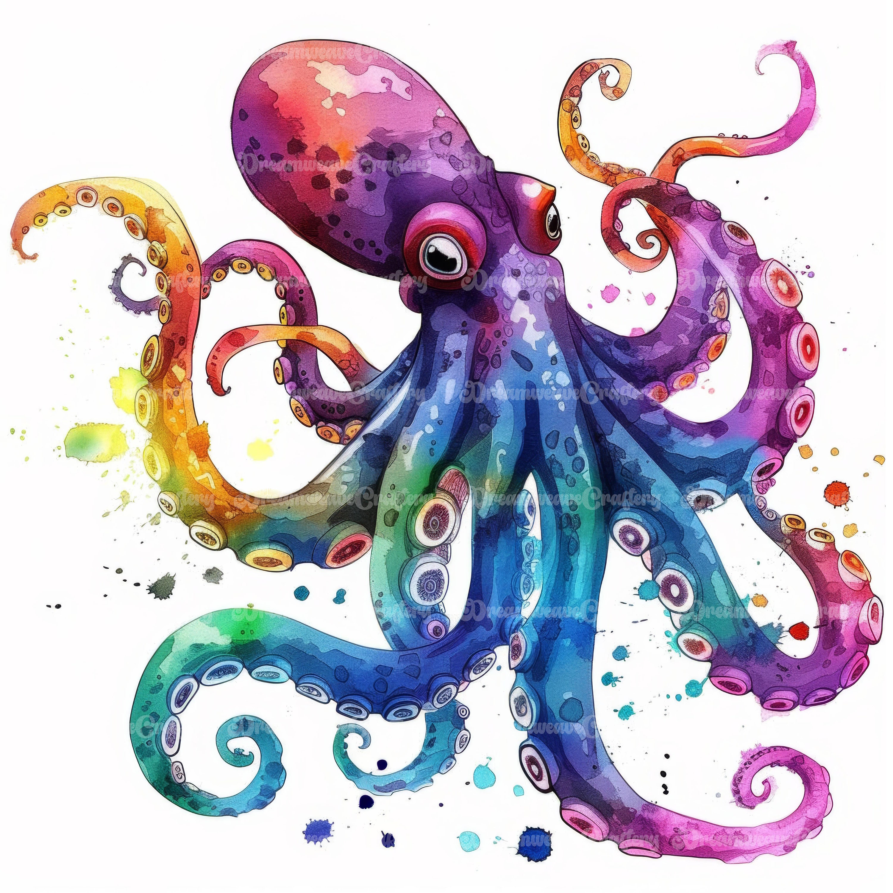 10 Pretty Cartoon Rainbow Octopus Clipart Printable Watercolor High ...