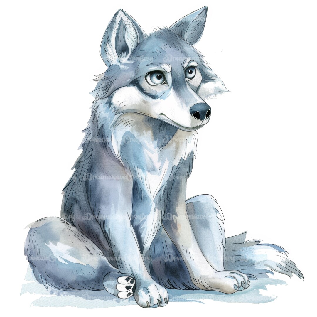 10 Cute Cartoon Baby Gray Wolf Watercolor Animal Art Printable High ...