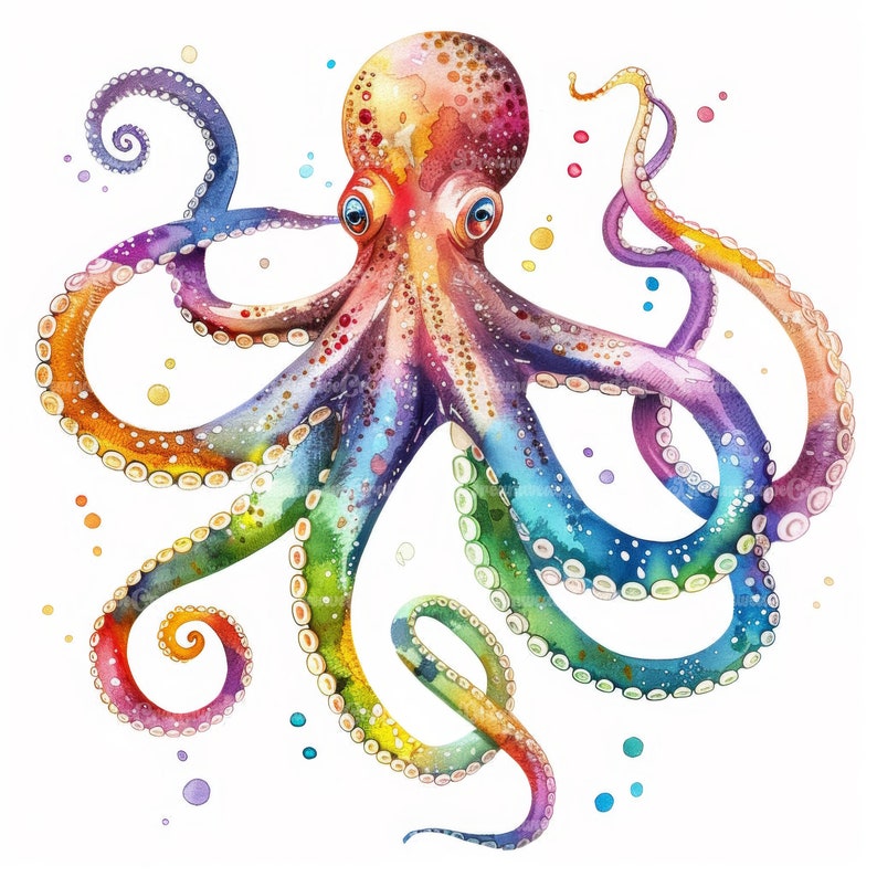 10 Pretty Cartoon Rainbow Octopus Clipart Printable Watercolor High ...