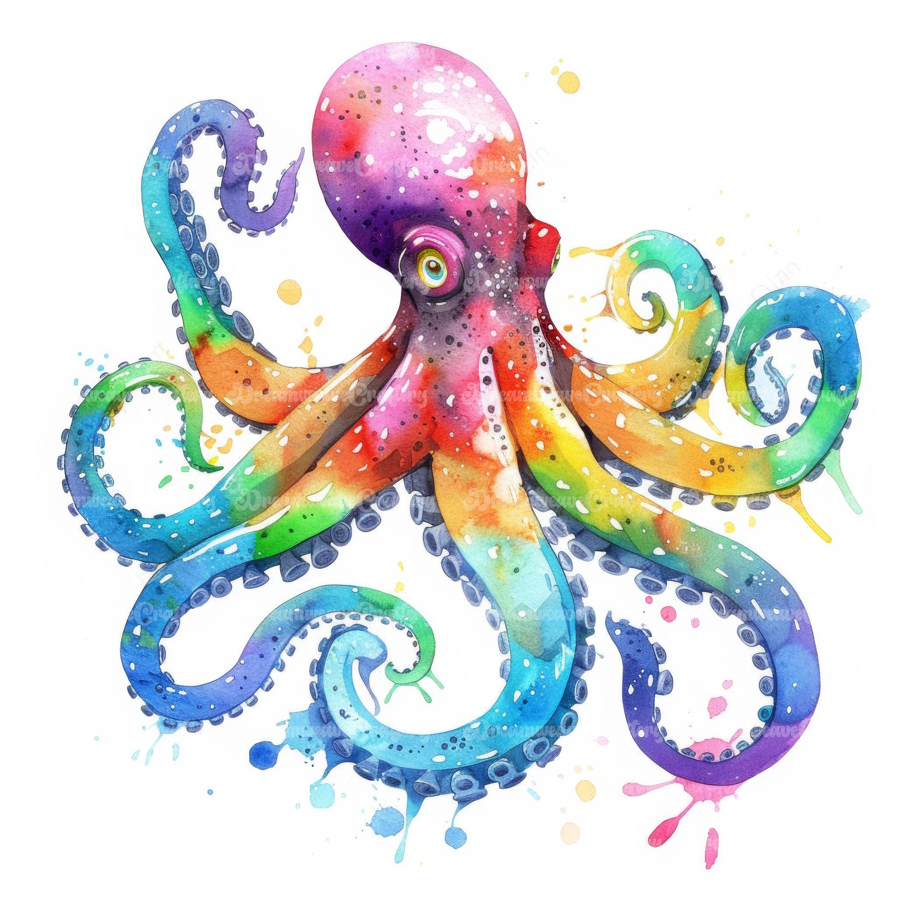 10 Pretty Cartoon Rainbow Octopus Clipart Printable Watercolor High ...