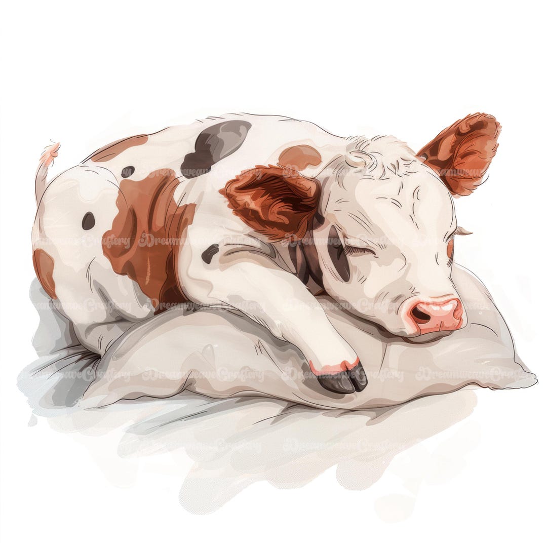 10 Cute Cartoon Baby Cow Sleeping on Pillow Watercolor Art Printable ...