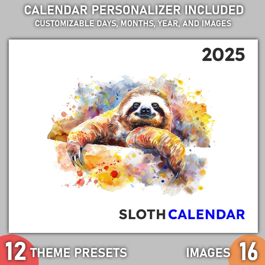 Sloth Wall and Desk Calendar, Printable Calendar, Editable Smart ...