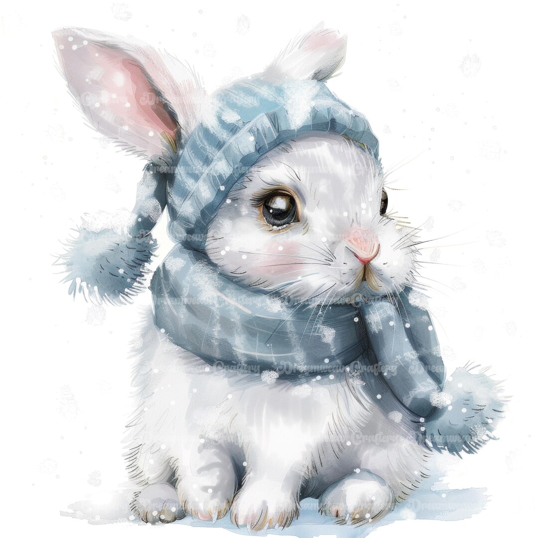 10 Pretty Cartoon Snow Rabbit Clipart Printable Watercolor Animals High ...