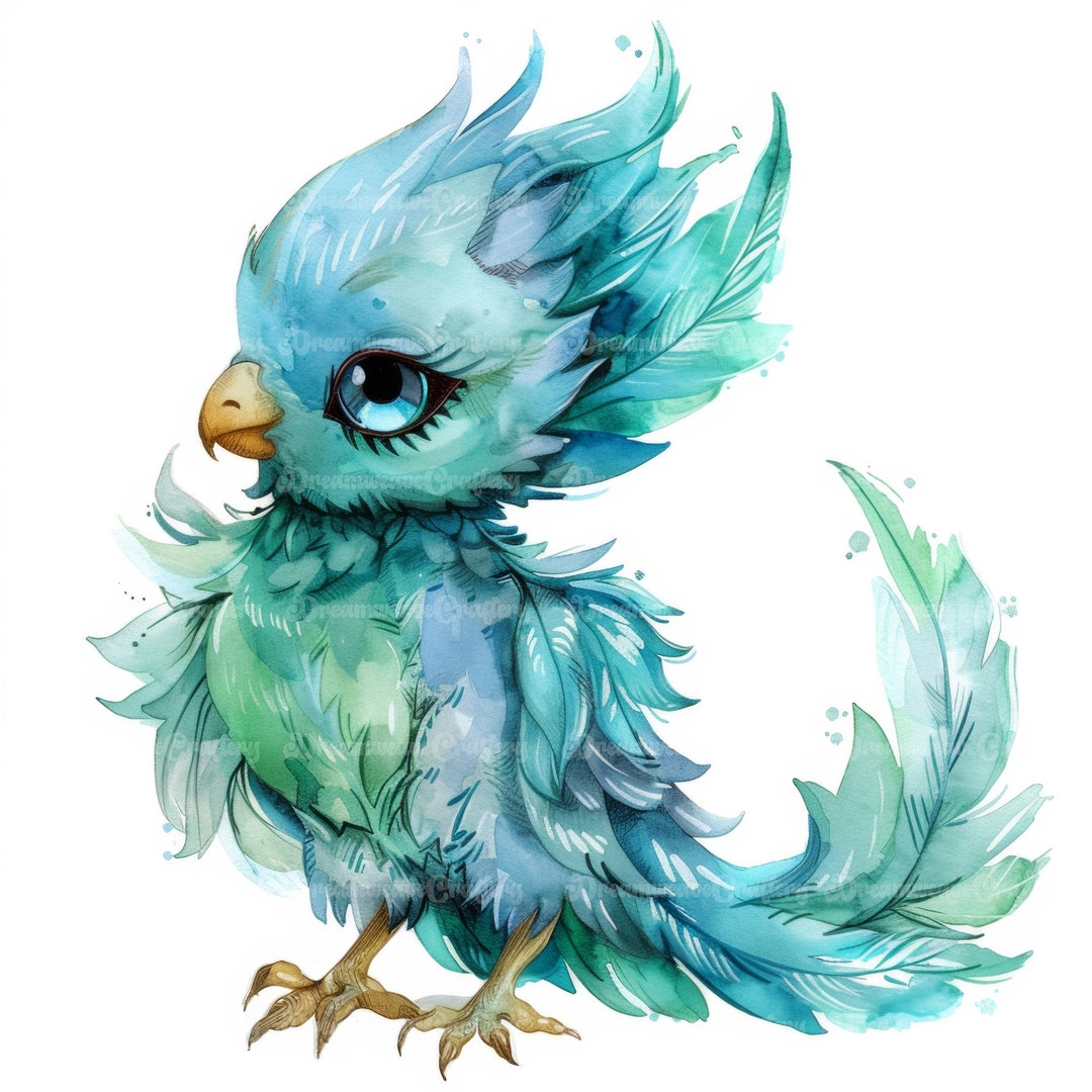 10 Cartoon Baby Phoenix Bird Clipart, Cute Bird, Printable Watercolor ...