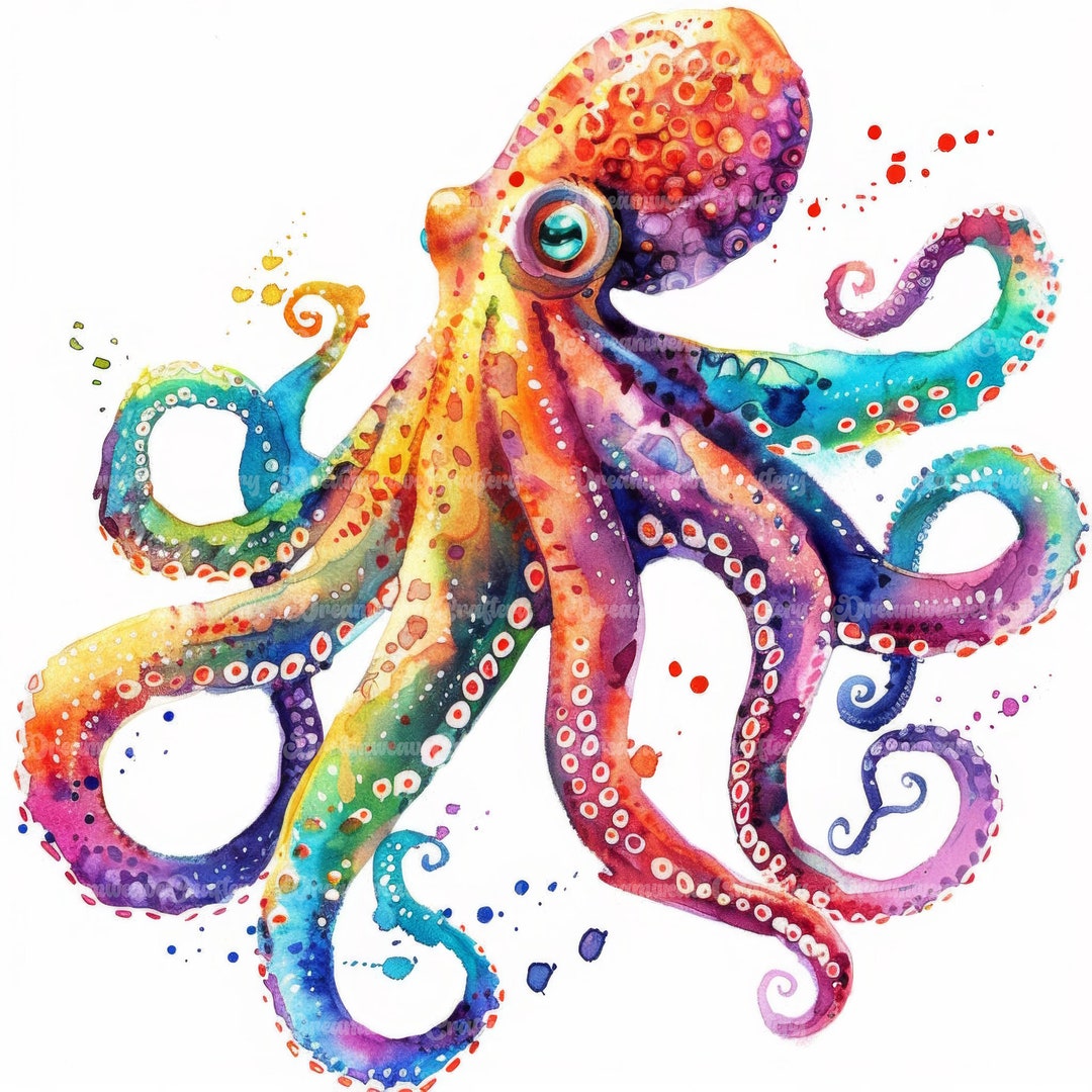 10 Pretty Cartoon Rainbow Octopus Clipart Printable Watercolor High ...