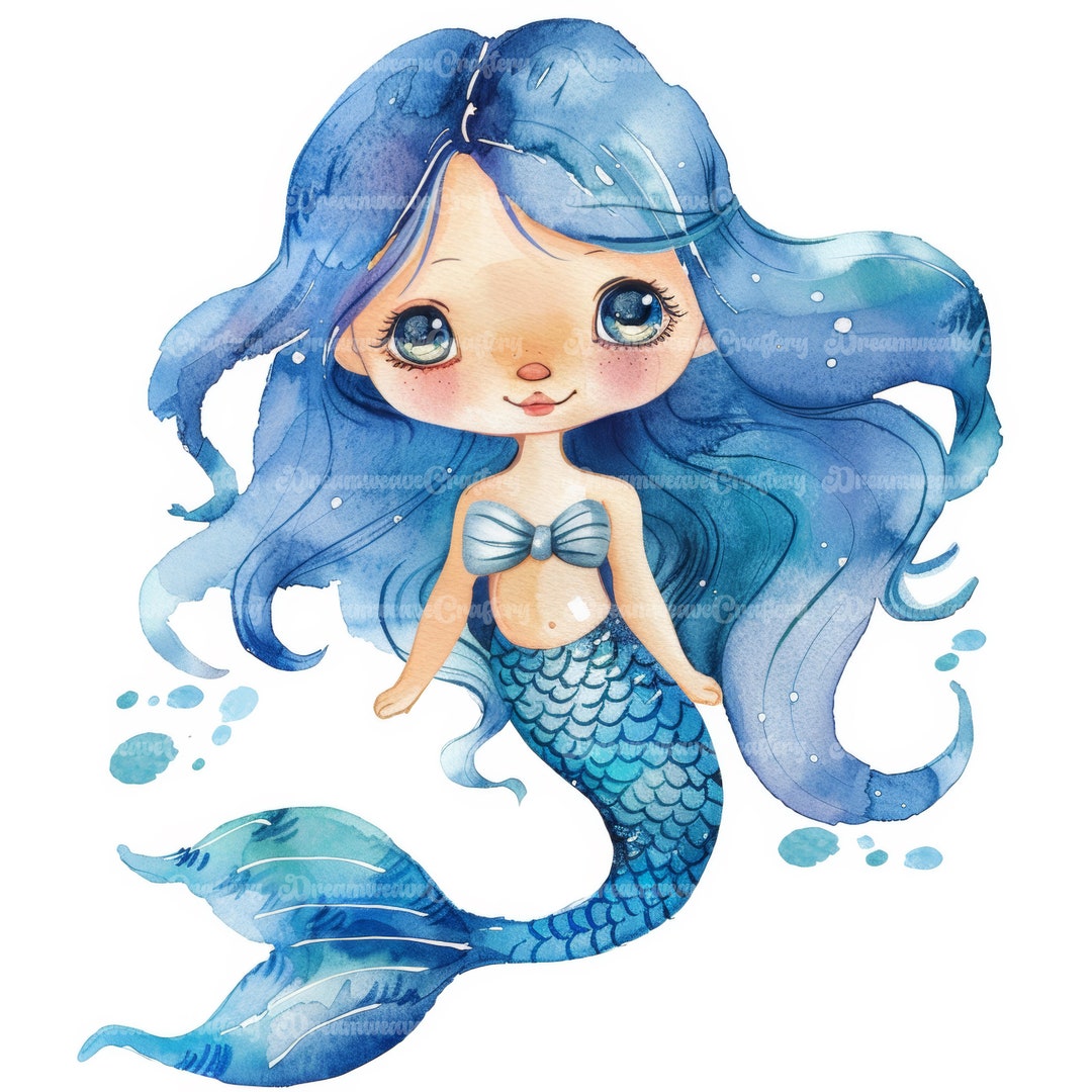 10 Cute Cartoon Blue Mermaid Clipart Printable Watercolor Fantasy High ...
