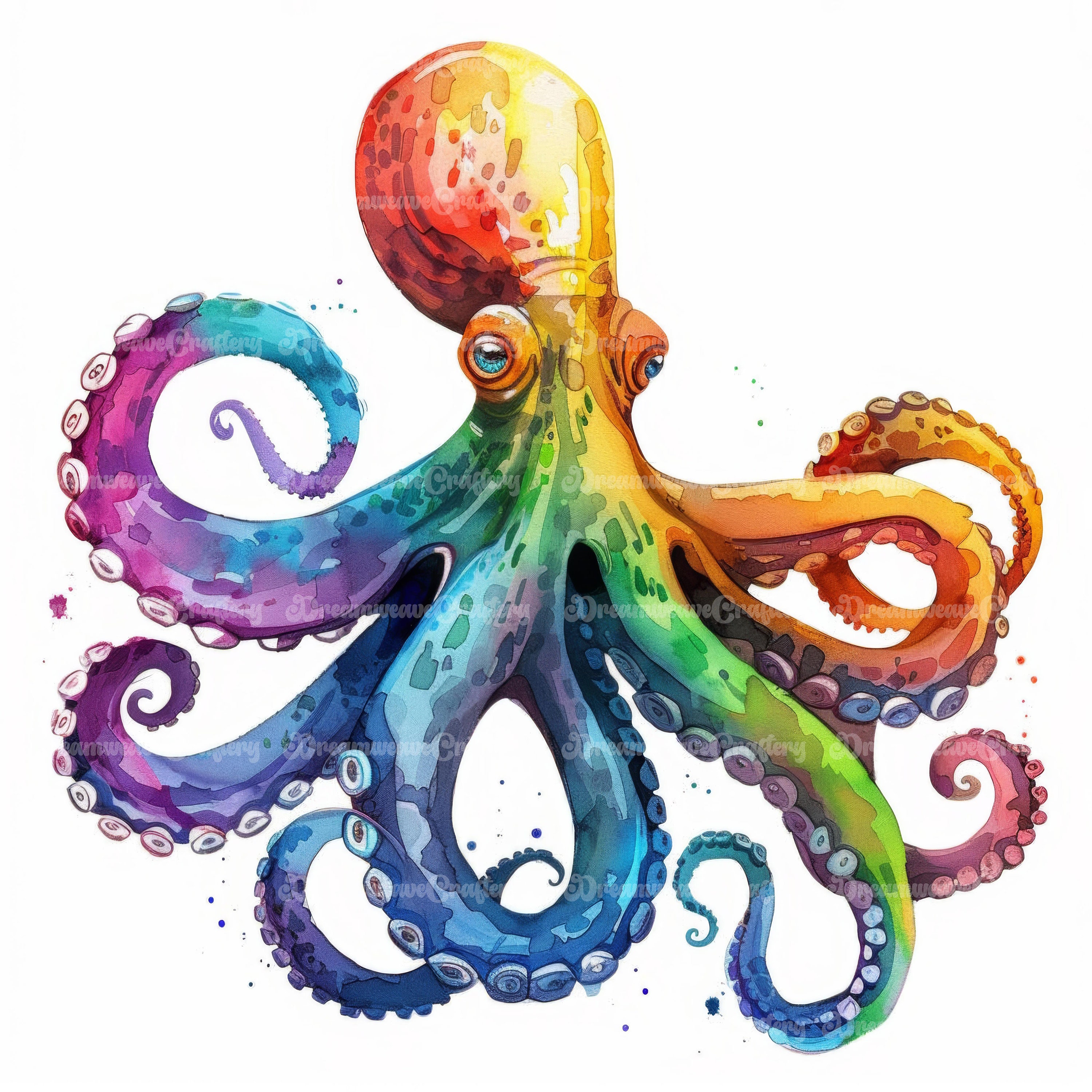 10 Pretty Cartoon Rainbow Octopus Cephalopod Watercolor Art Printable ...