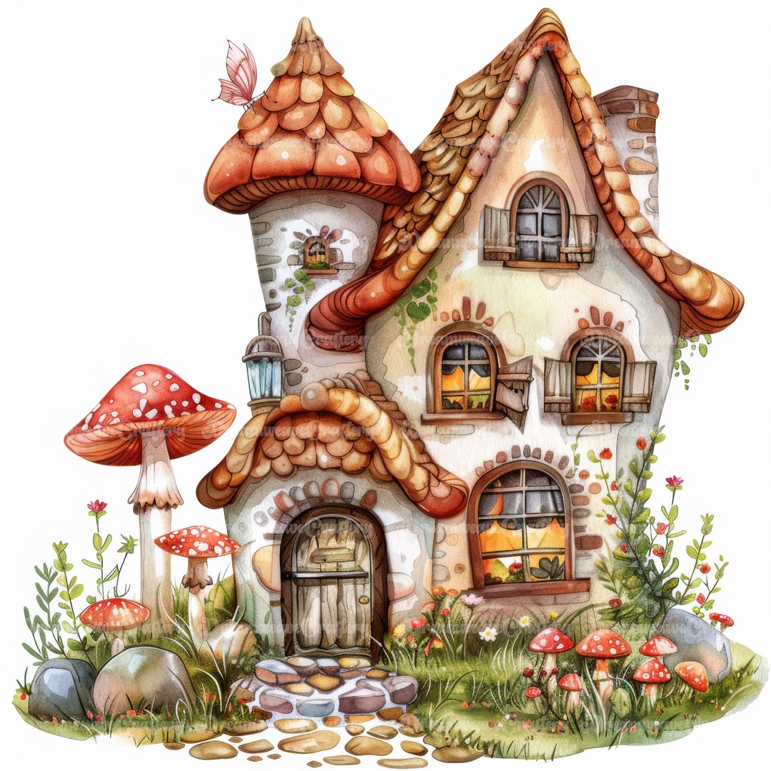 10 Cute Cartoon Fairy House Clipart Printable Watercolor Fantasy High ...