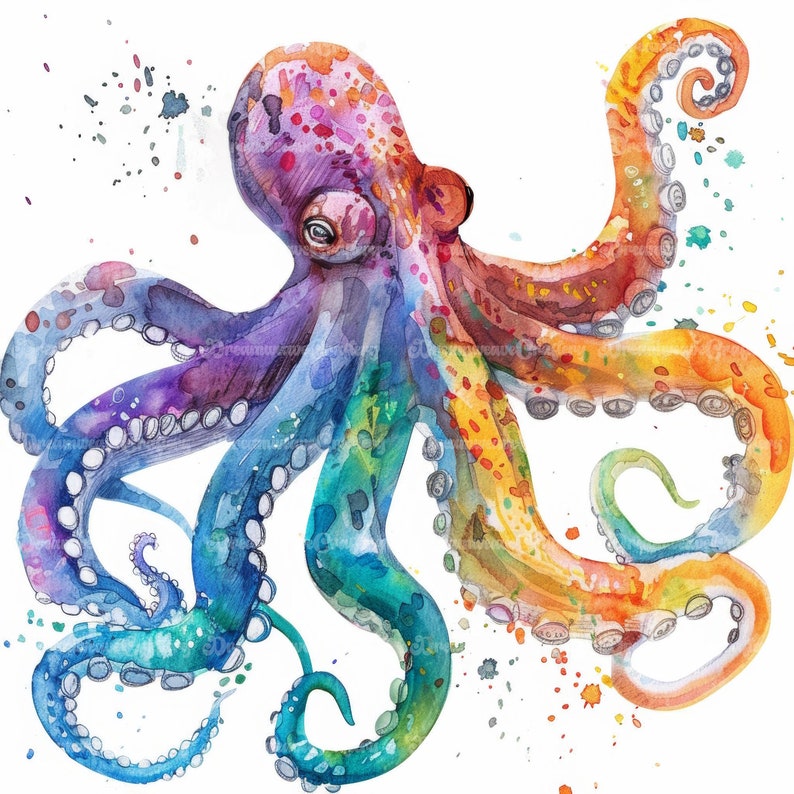 10 Pretty Cartoon Rainbow Octopus Clipart Printable Watercolor High ...