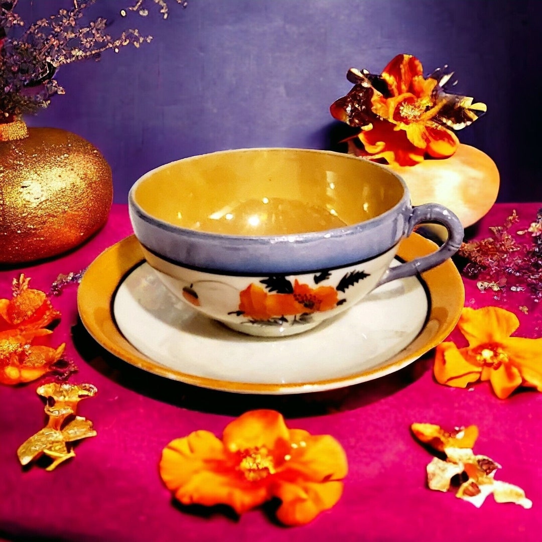Takito Vintage Lusterware Hand Painted Orange Poppies Tea Cup Saucer ...