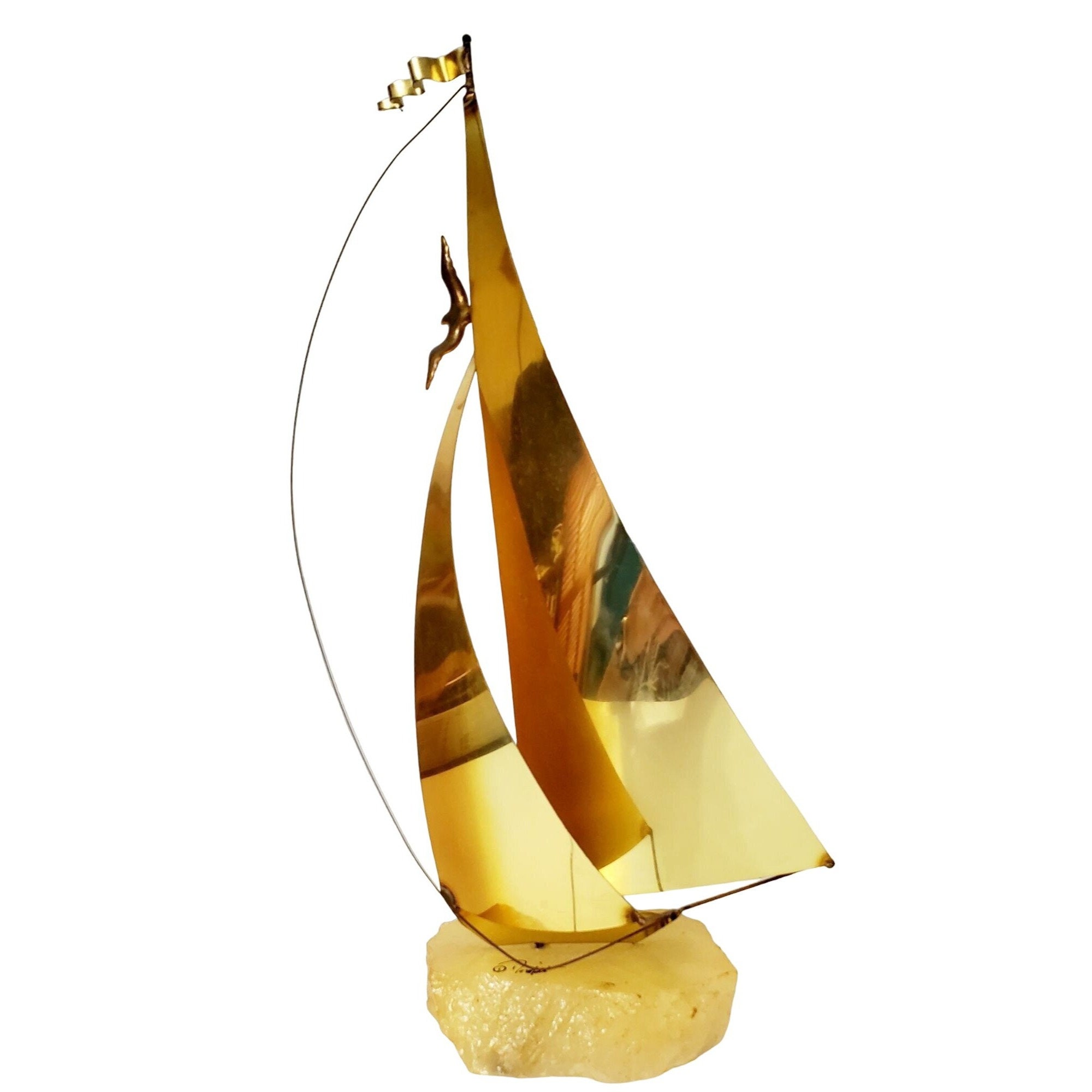 Vintage John Demott Brutalist Brass Sailboat on Onyx Artist Signed ...