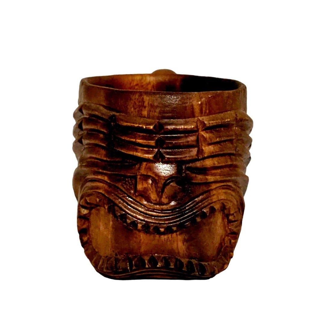 Vintage Wooden Tiki Monkey Pod Hand Carved 4" Mug Cup Kitsch - Etsy