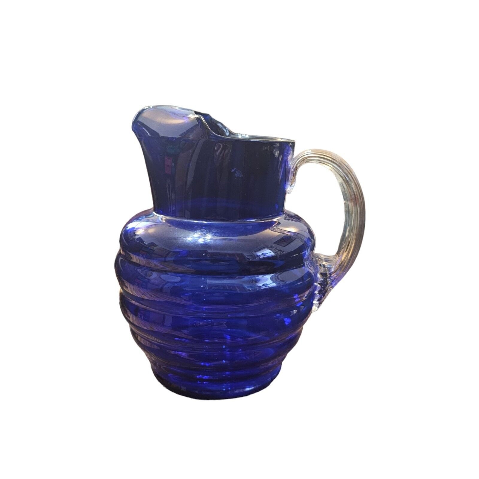Mid Century Cobalt Blue Glass Bee Hive Shaped Water Pitcher Applied ...