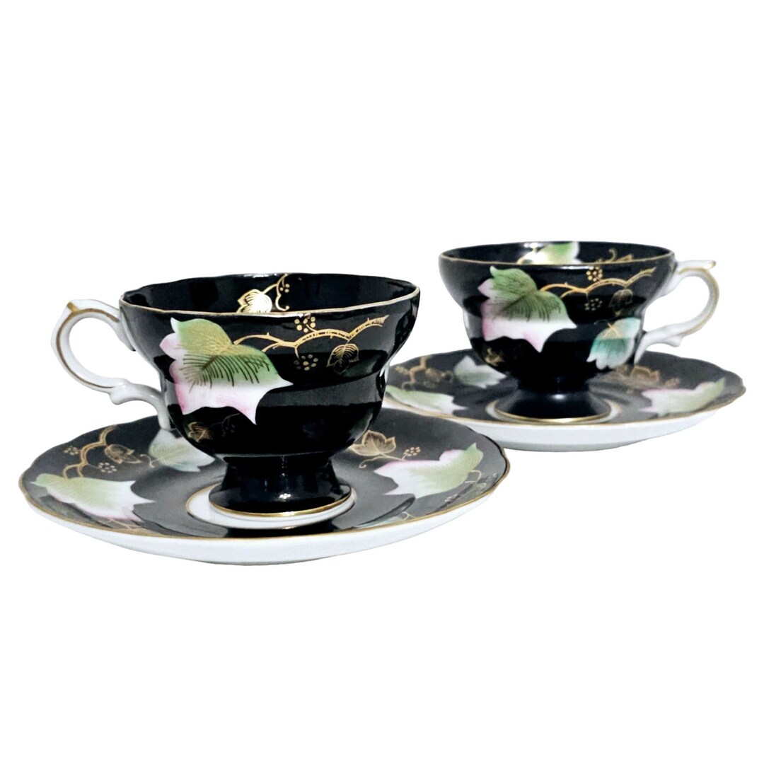 Vintage Lefton China Hand Painted Black Tea Cup Saucer Pair - Etsy