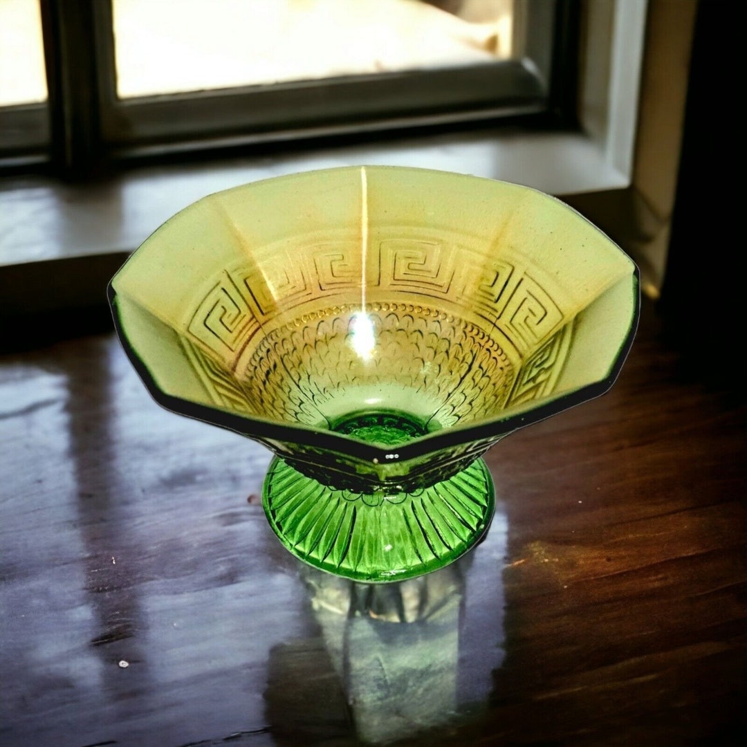 Vintage Northwood EAPG Greek Key Scales Green Carnival Glass Footed ...