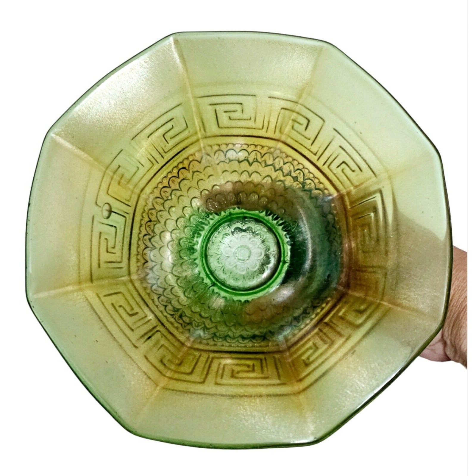 Vintage Northwood EAPG Greek Key Scales Green Carnival Glass Footed ...