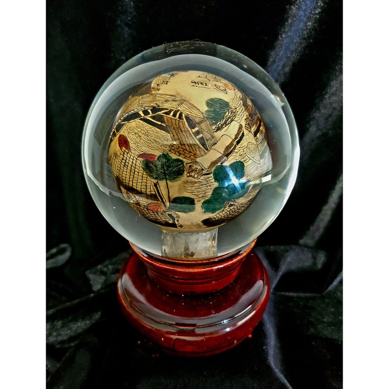 Vintage Reverse Painted Chinese Paperweight on Wooden Stand - Etsy