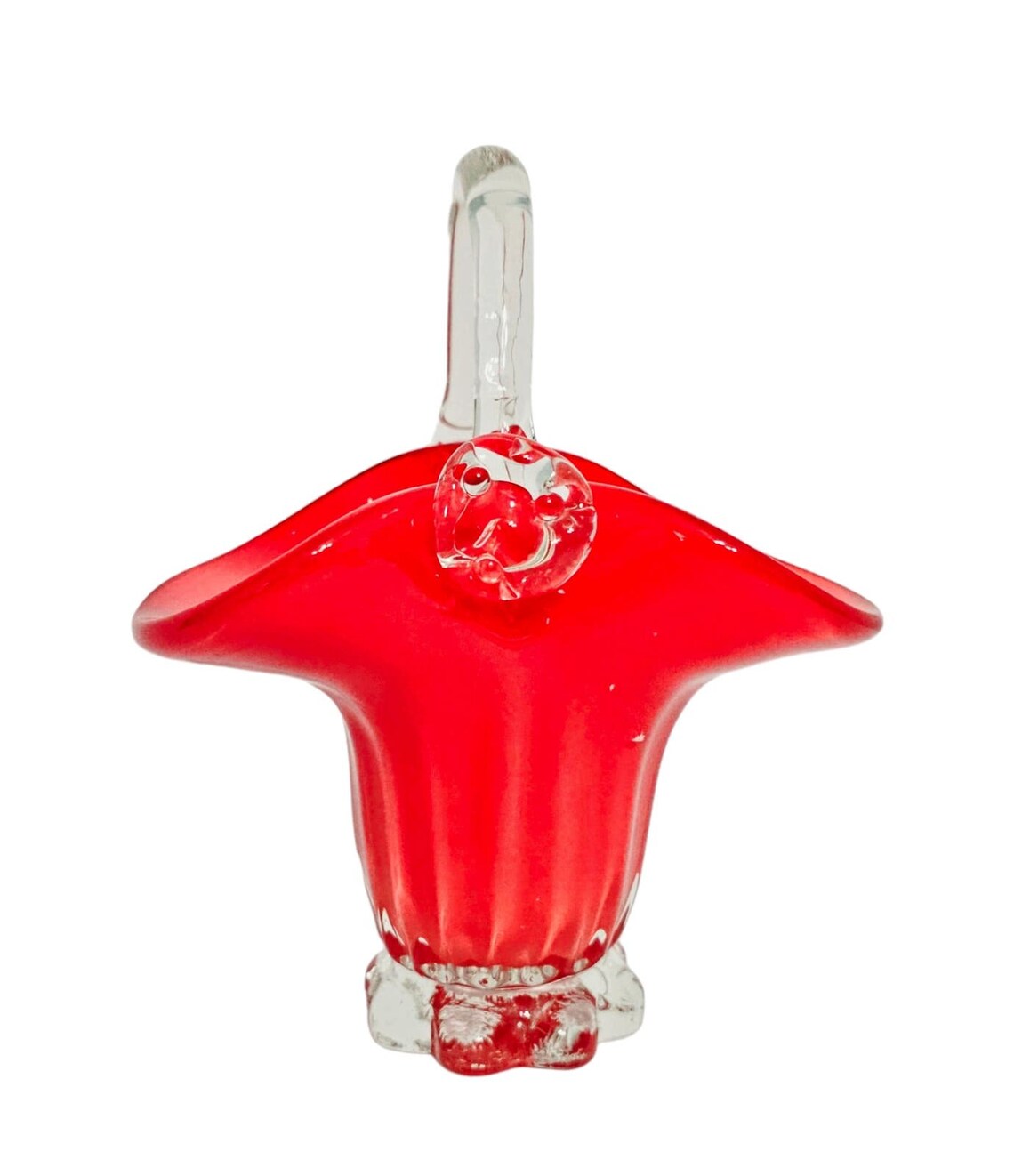 Bright Red Art Glass Hand Blown Basket With Clear Handle and Base ...