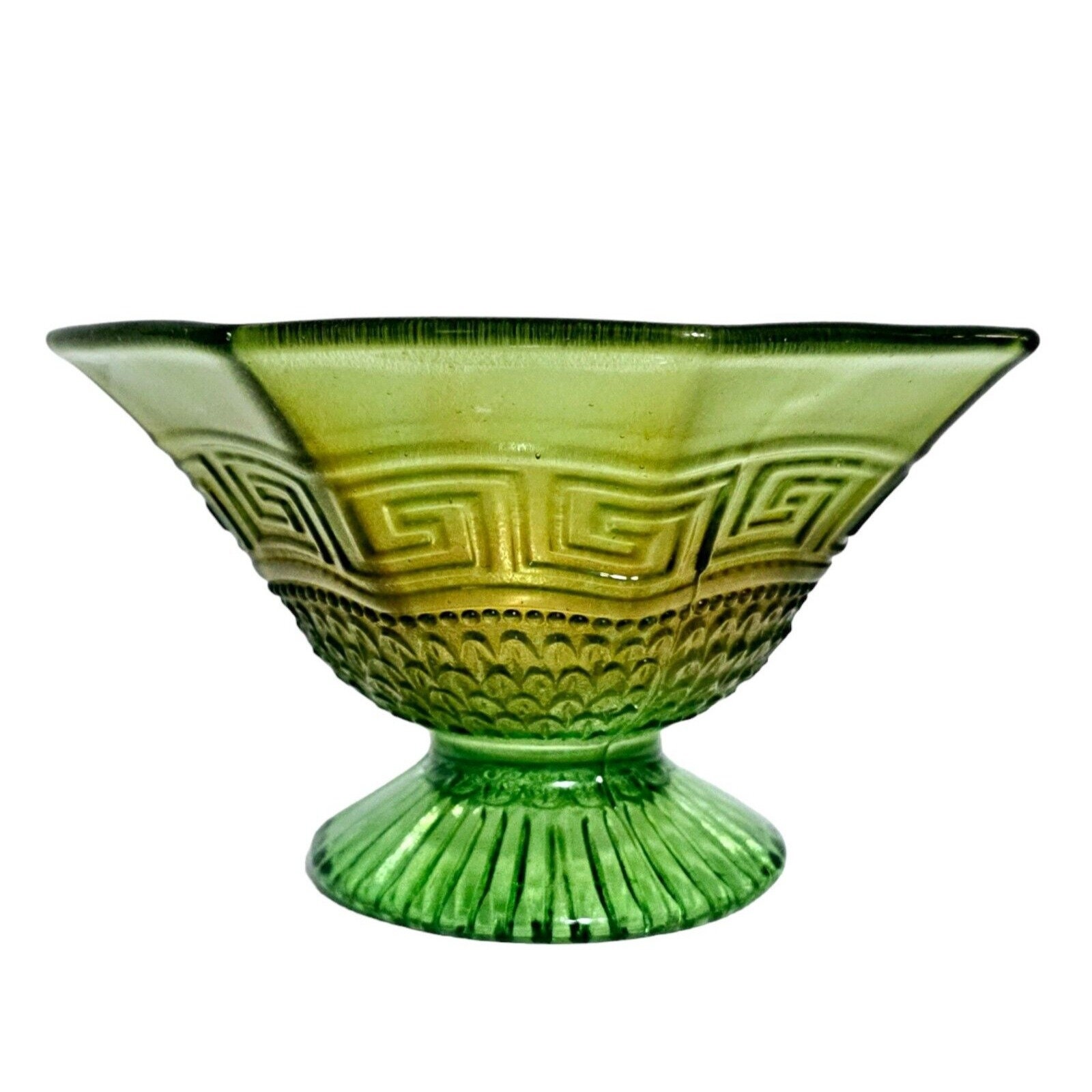 Vintage Northwood EAPG Greek Key Scales Green Carnival Glass Footed ...