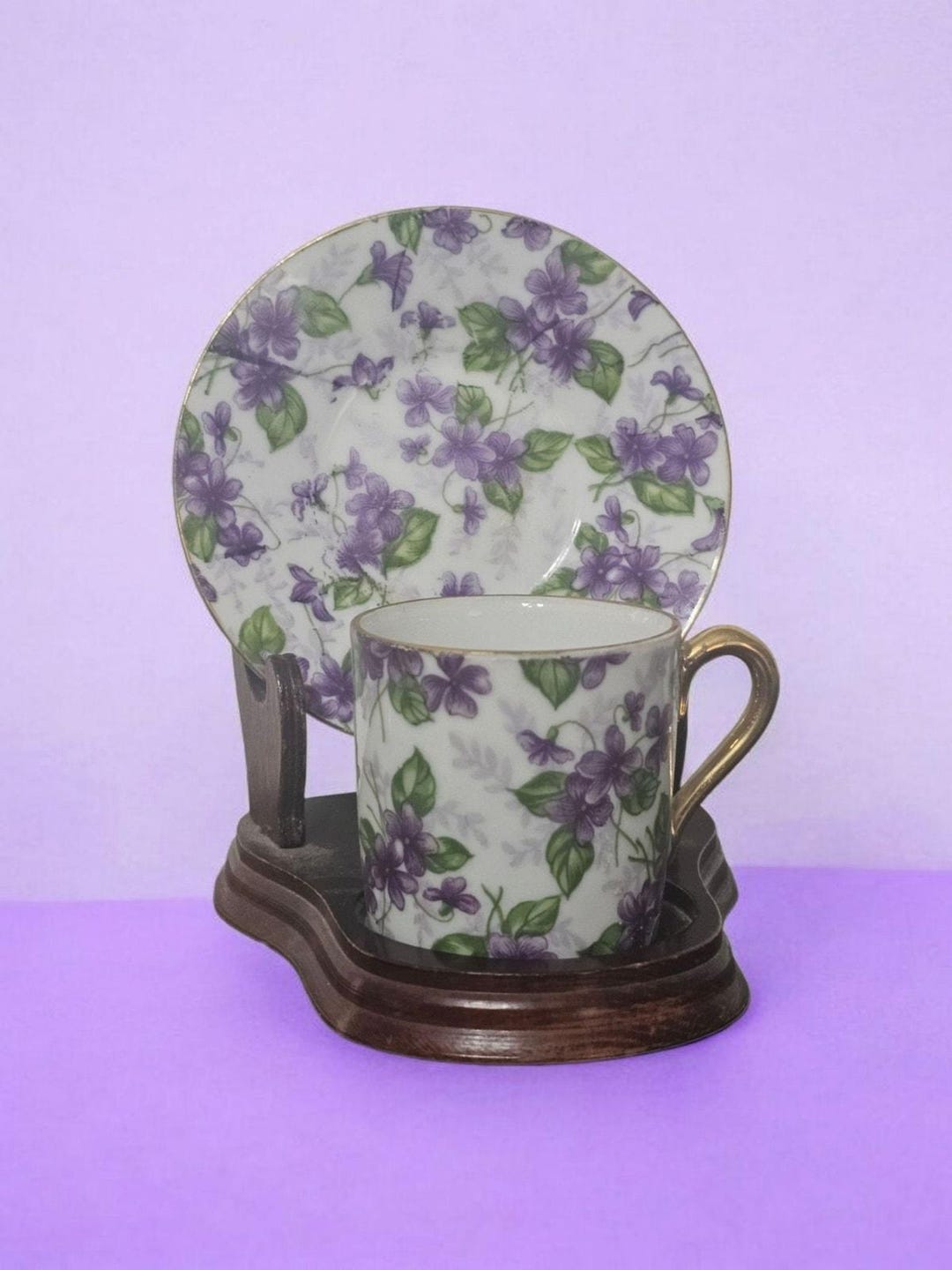 Inarco Japan Purple Floral Chintz Violets Demitasse Cup & Saucer Set ...