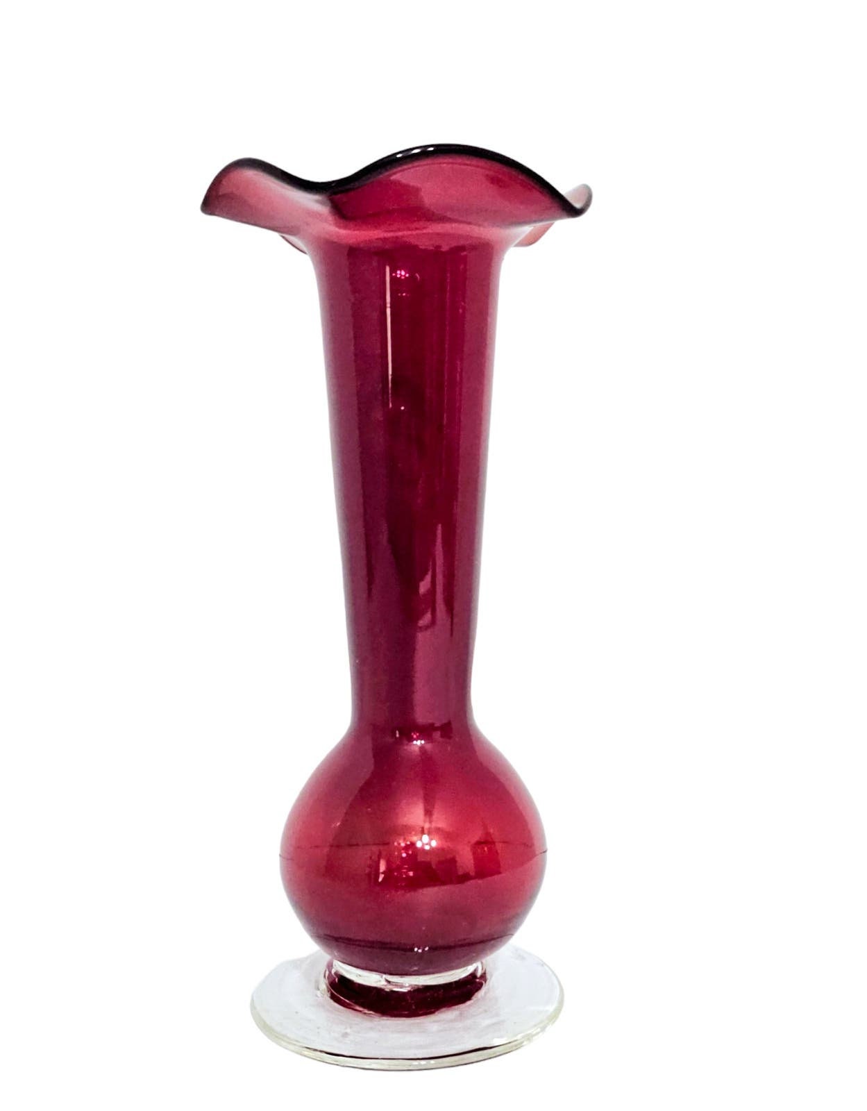 Hand Blown Ruby Red Art Glass Bud Vase Ruffled Rim Clear Base Mid ...