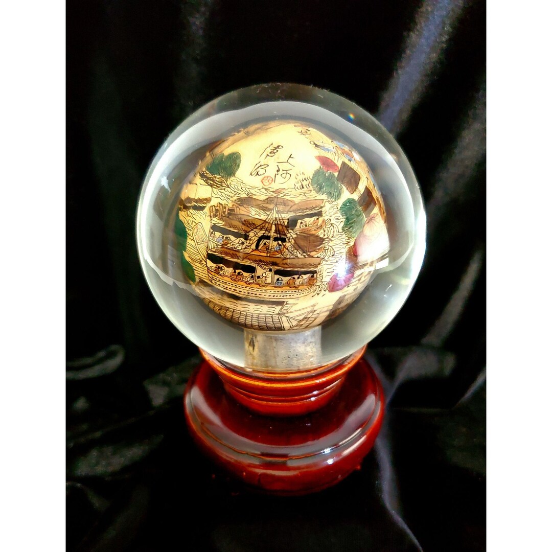 Vintage Reverse Painted Chinese Paperweight on Wooden Stand - Etsy