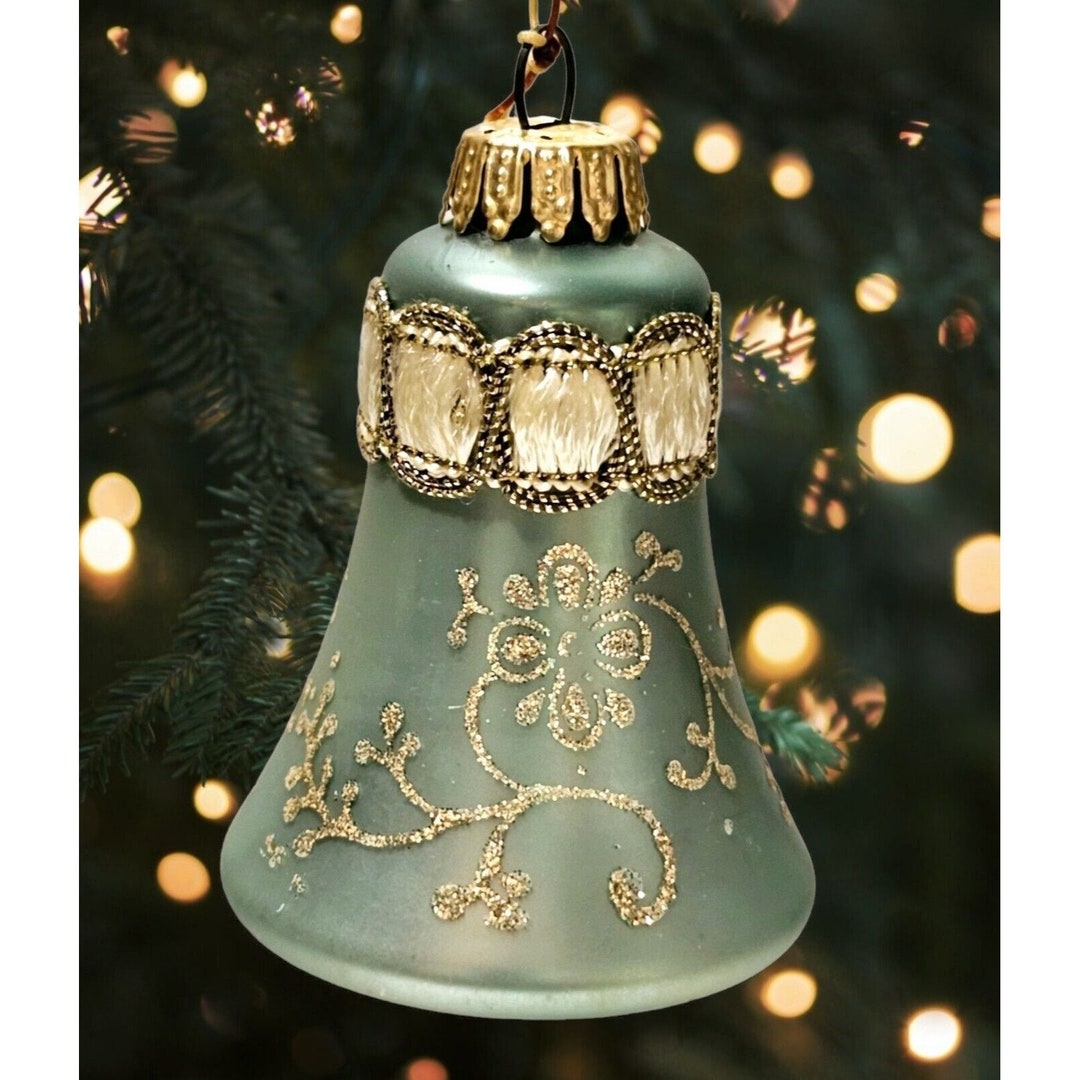 Vintage Blown Glass Bell Christmas Ornament West Germany Green Gold ...