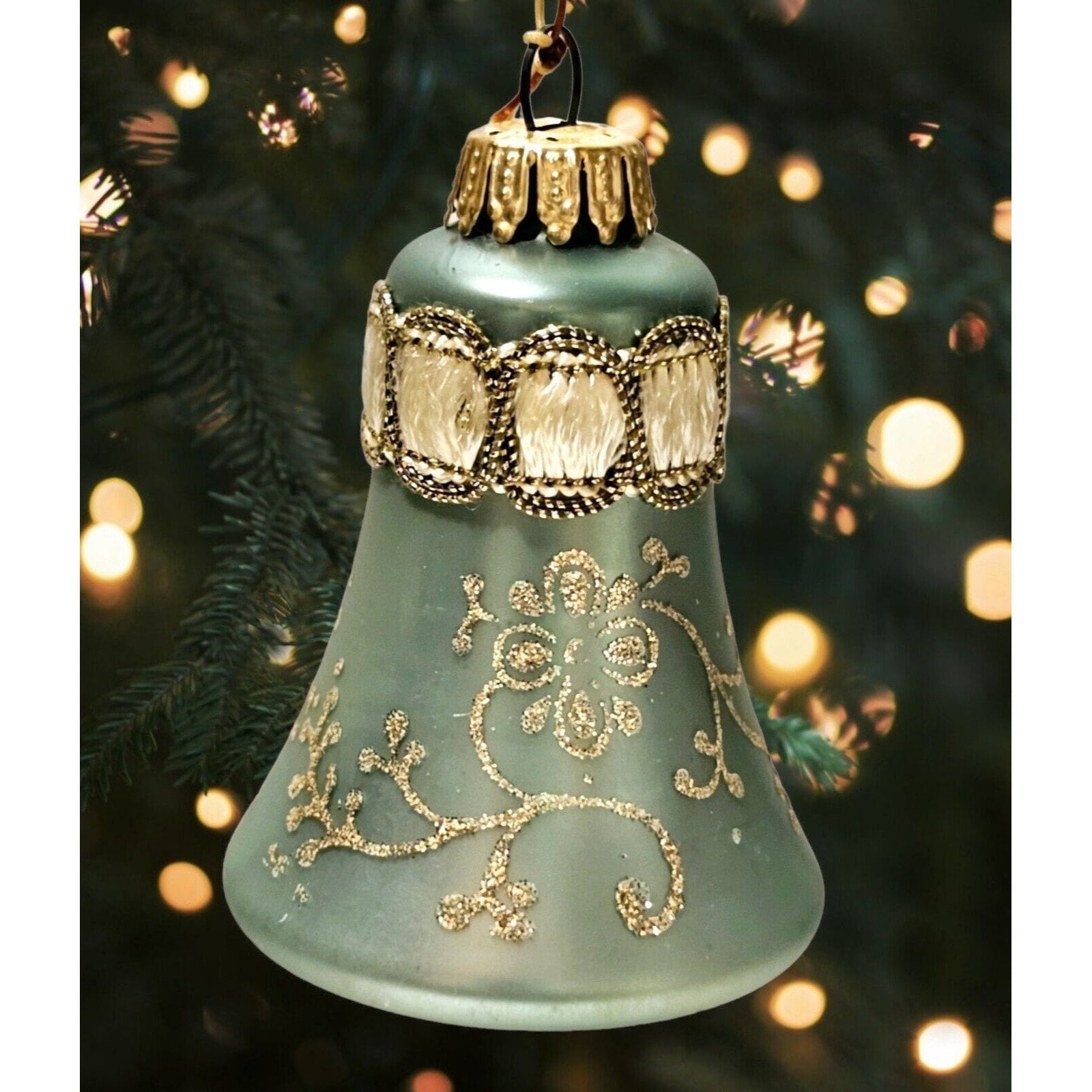 Vintage Blown Glass Bell Christmas Ornament West Germany Green Gold ...