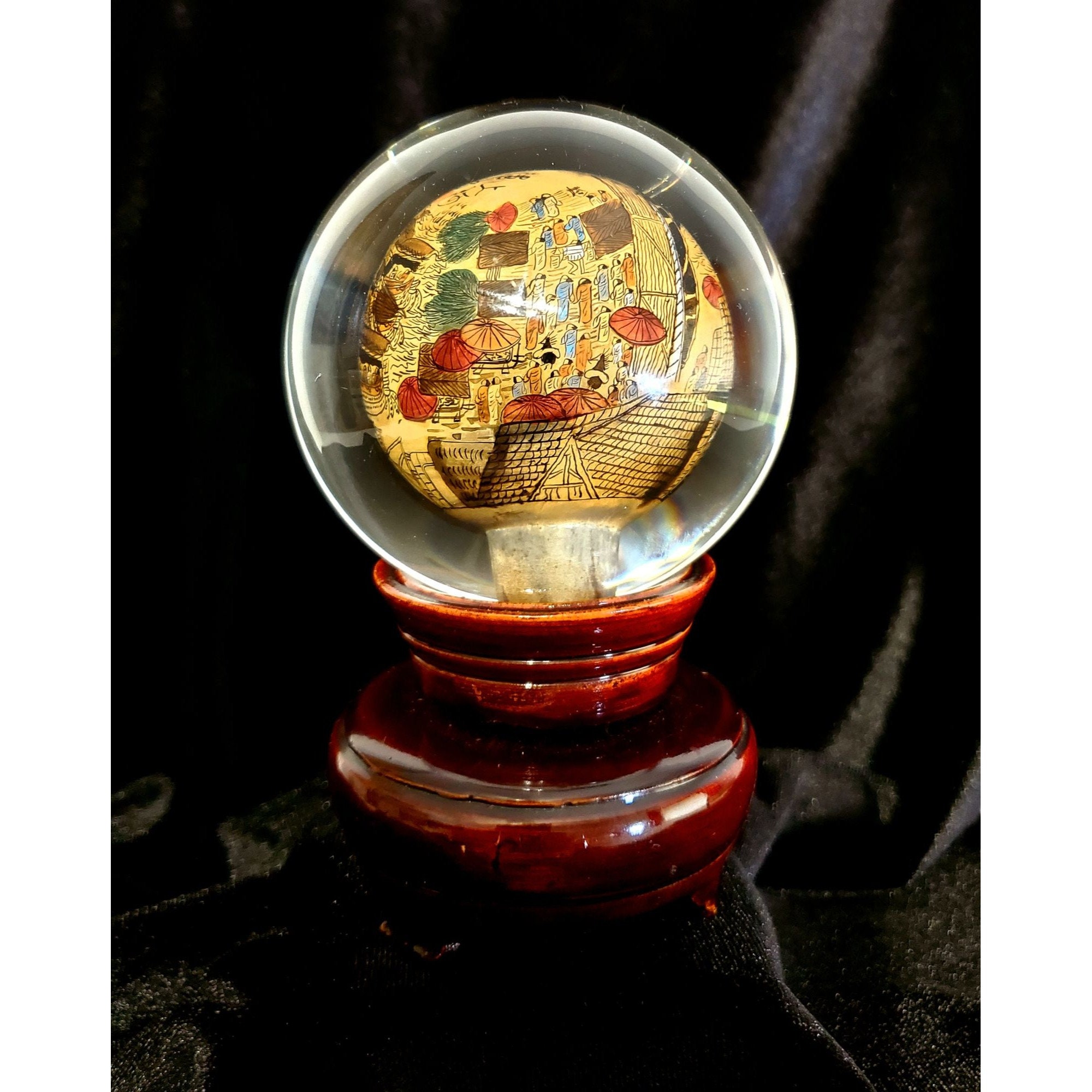 Vintage Reverse Painted Chinese Paperweight on Wooden Stand - Etsy