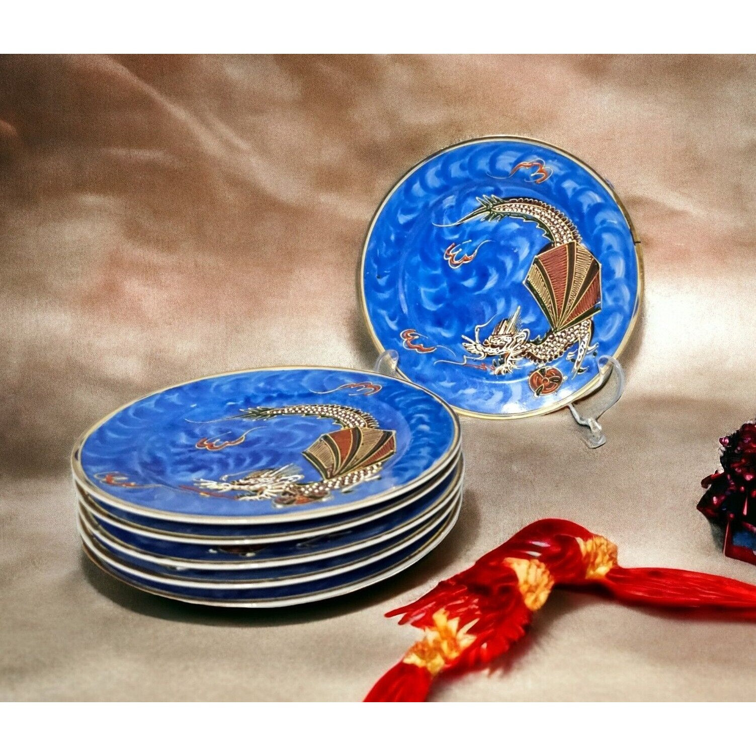 Vintage Satsuma Blue Dragonware Moriage Plates Occupied Japan 7.5" Set ...