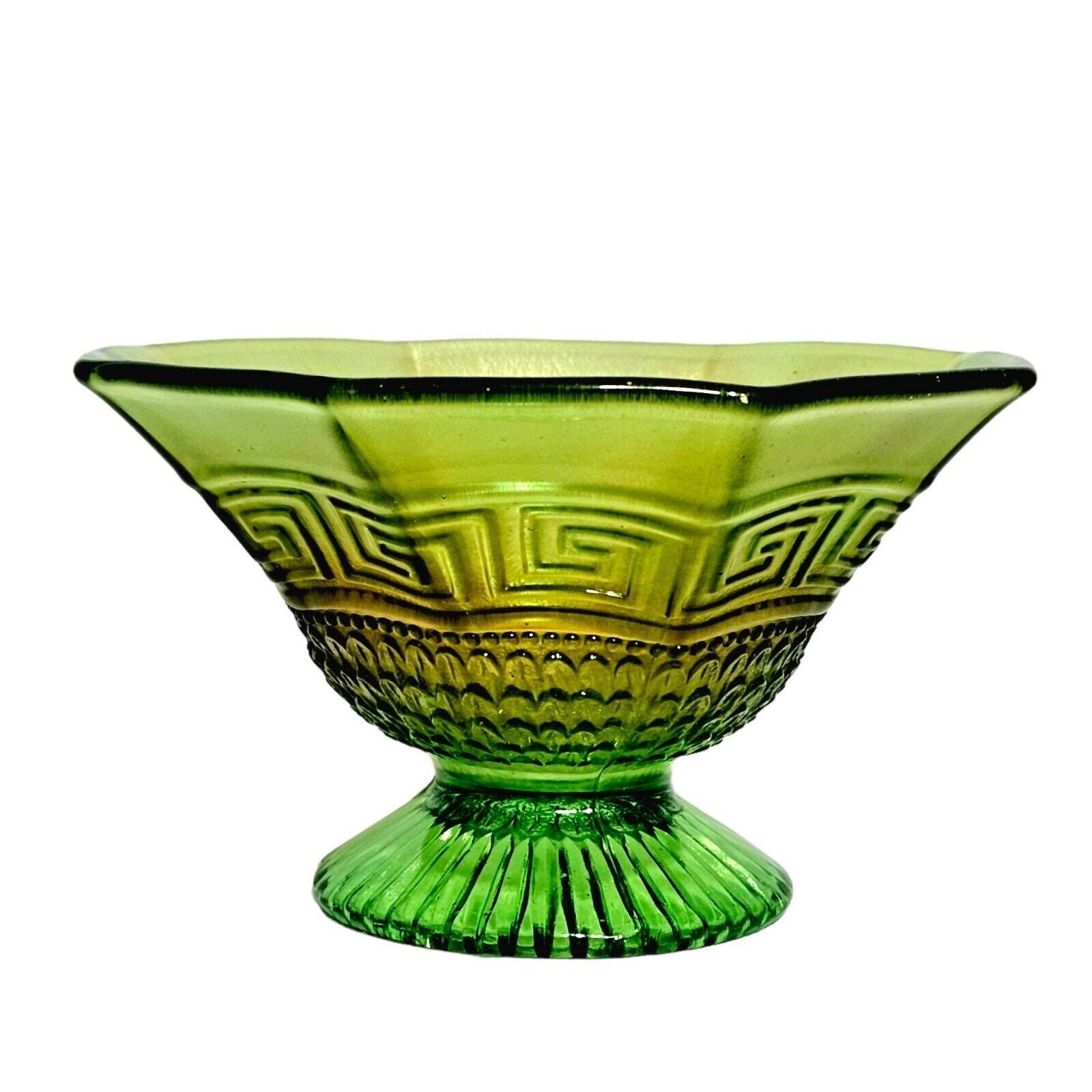 Vintage Northwood EAPG Greek Key Scales Green Carnival Glass Footed ...