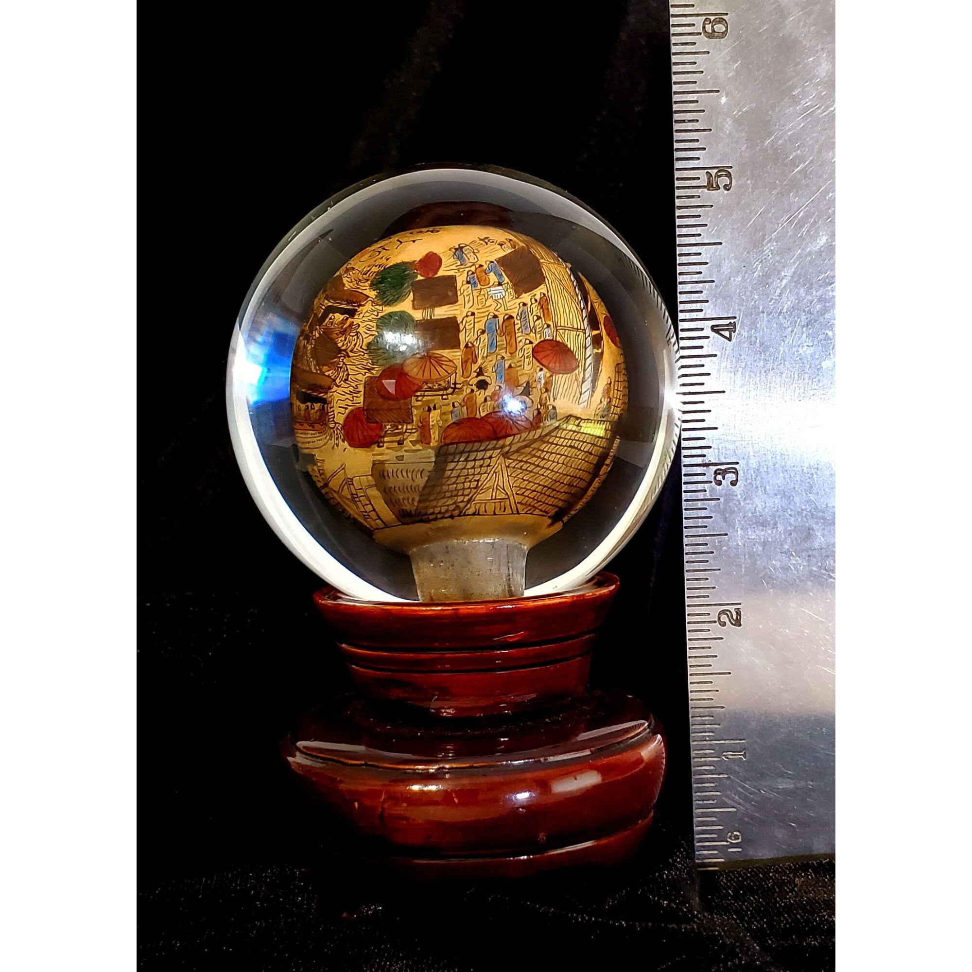 Vintage Reverse Painted Chinese Paperweight on Wooden Stand - Etsy