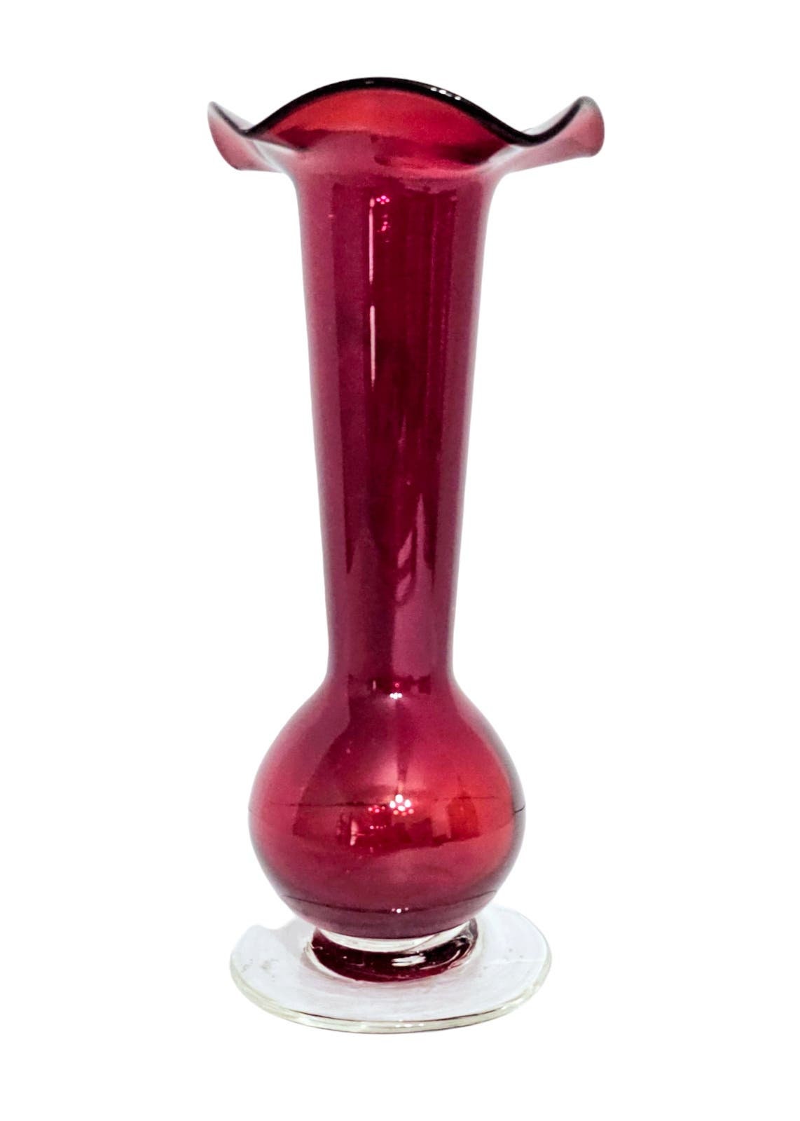 Hand Blown Ruby Red Art Glass Bud Vase Ruffled Rim Clear Base Mid ...
