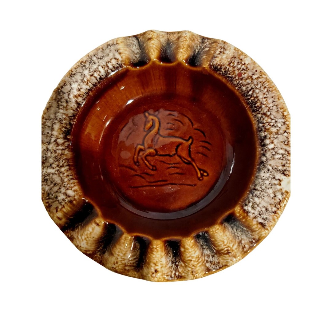 Vintage Hull Pottery USA Stag Deer Cigar Ashtray Brown Drip Glaze Retro ...