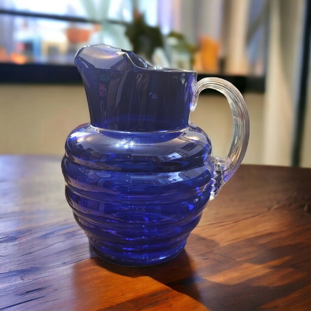 Mid Century Cobalt Blue Glass Bee Hive Shaped Water Pitcher Applied ...