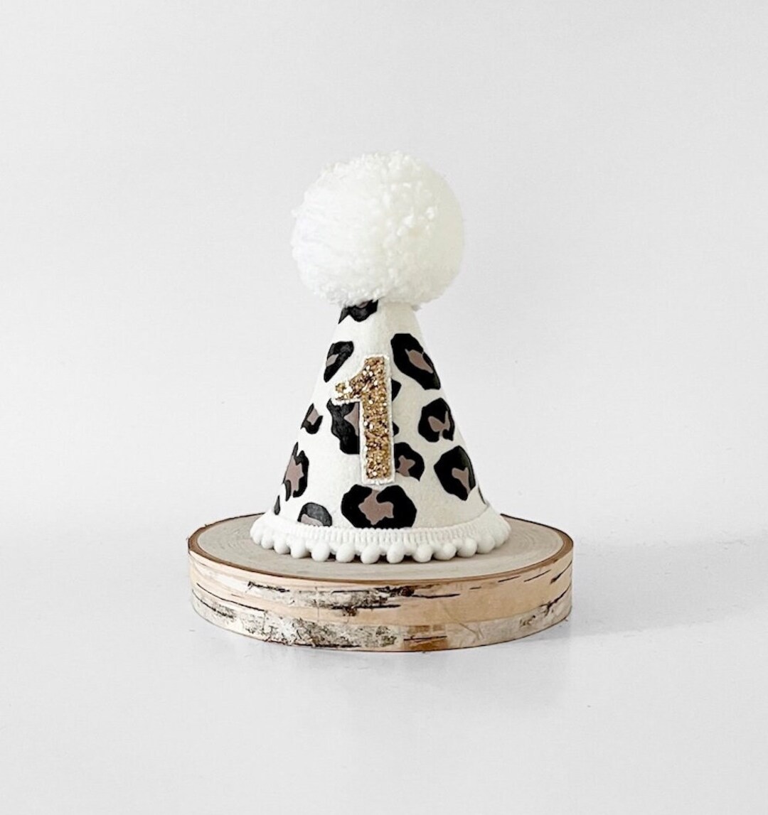White Leopard Print Birthday Party Hat, Leopard Theme Hat, 1st Birthday ...