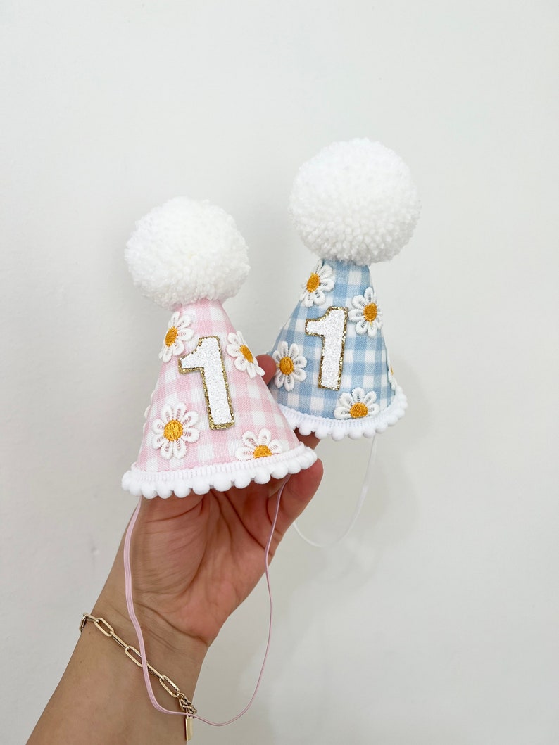 Daisy Pink Gingham Party Hat, Daisy Party Hat, Pink Daisy Hat, Gingham ...