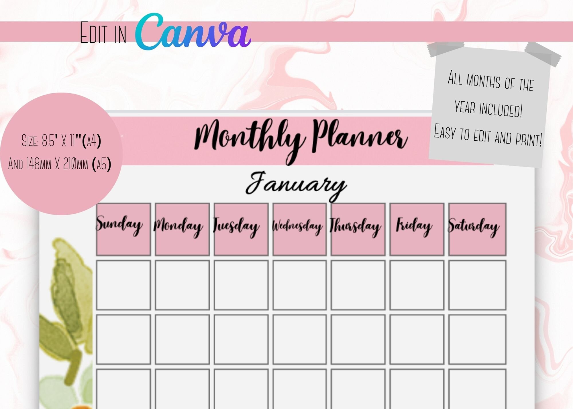 Monthly Printable Planner, Digital Planner, Calendar Bundle, A4/A5 ...