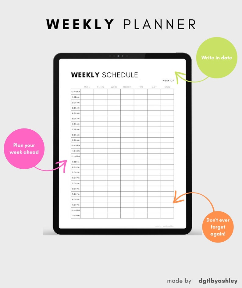 Hourly Weekly Schedule Portrait Weekly Planner Printable - Etsy