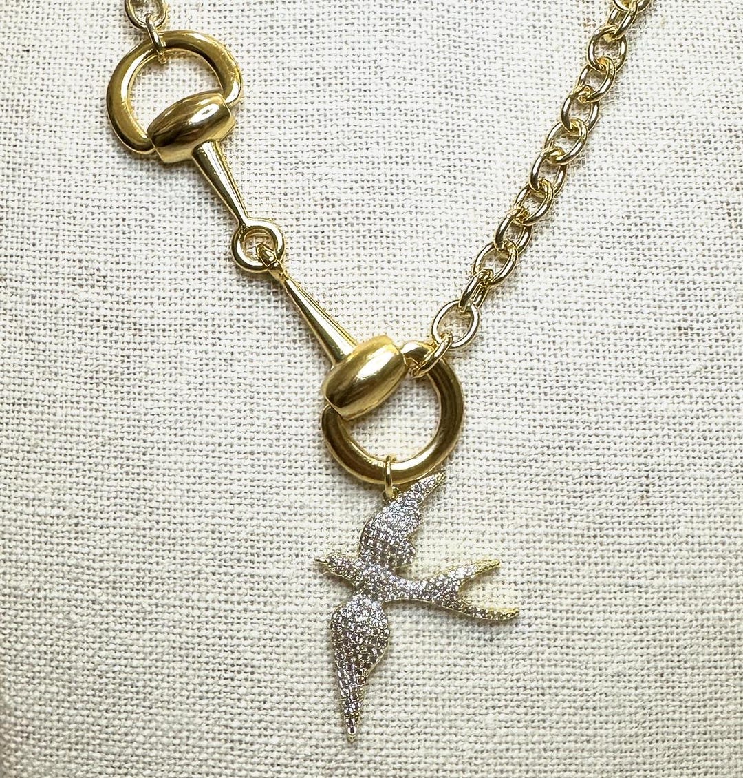 Equestrian Horse Snaffle Bit Shiny Gold Oval Chain Necklace W/ CZ Dove ...