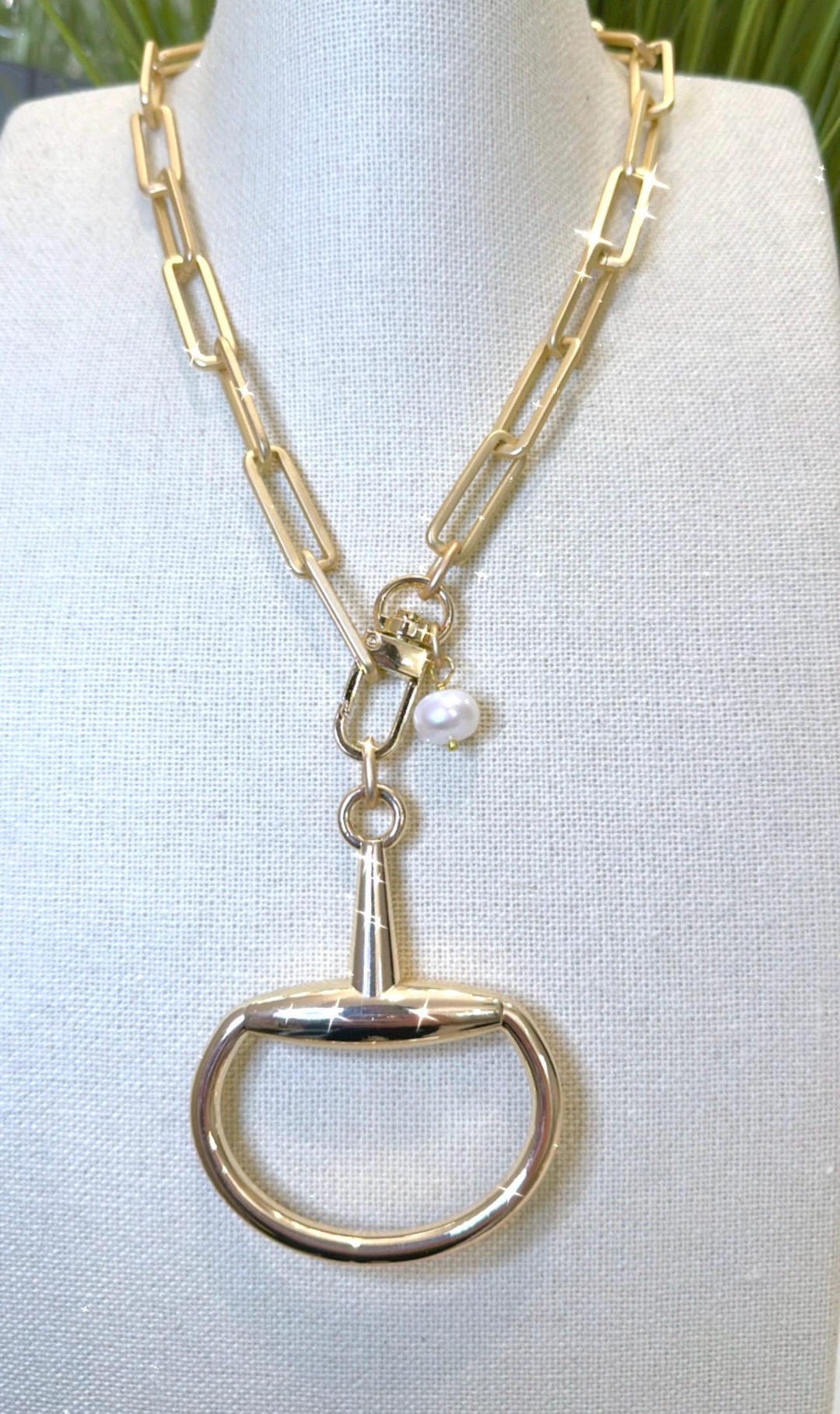 Equestrian Equine Horse Snaffle Bit Matte Gold Rectangle Chain Necklace ...
