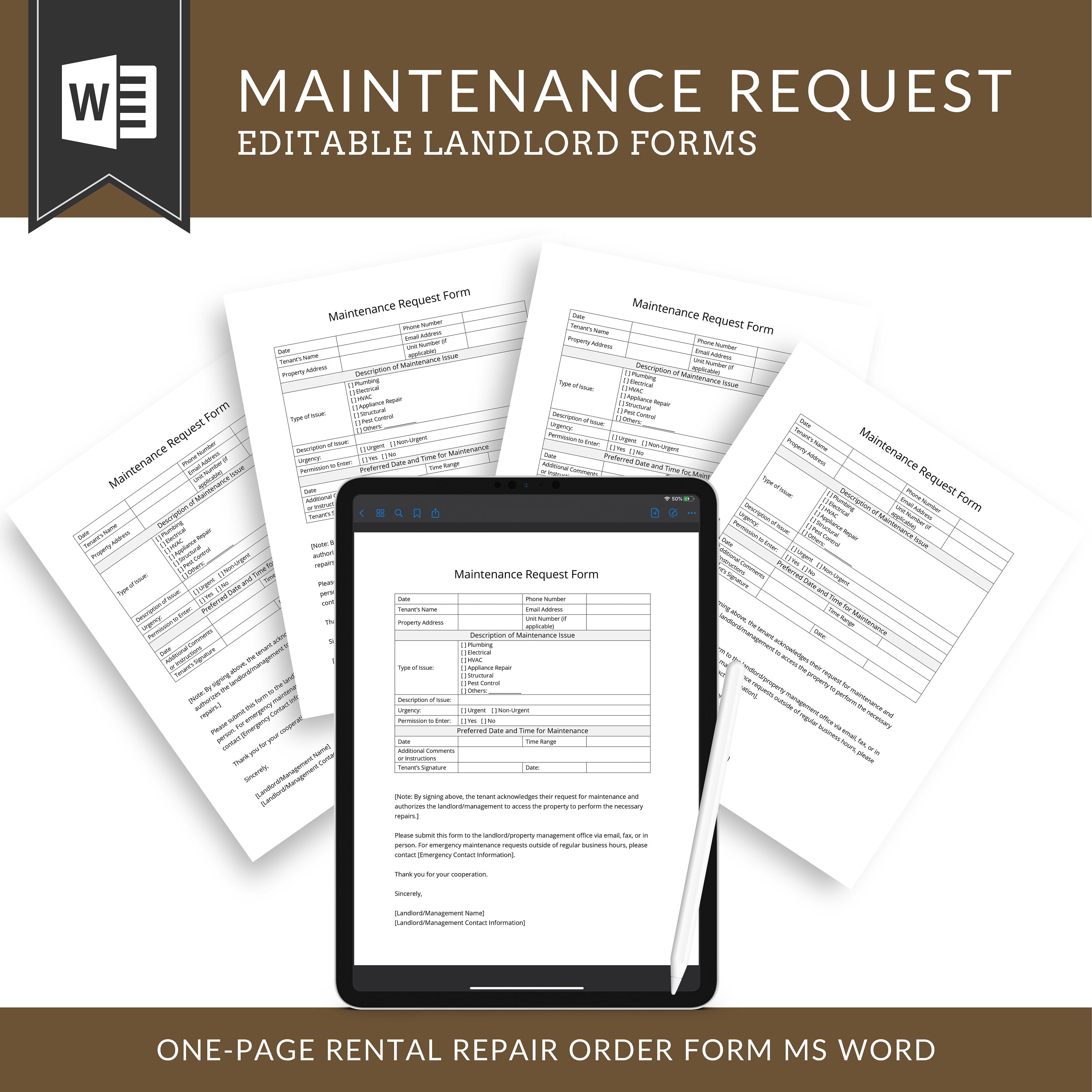 Maintenance Request Form Editable in MS Word | Printable PDF| Tenancy ...
