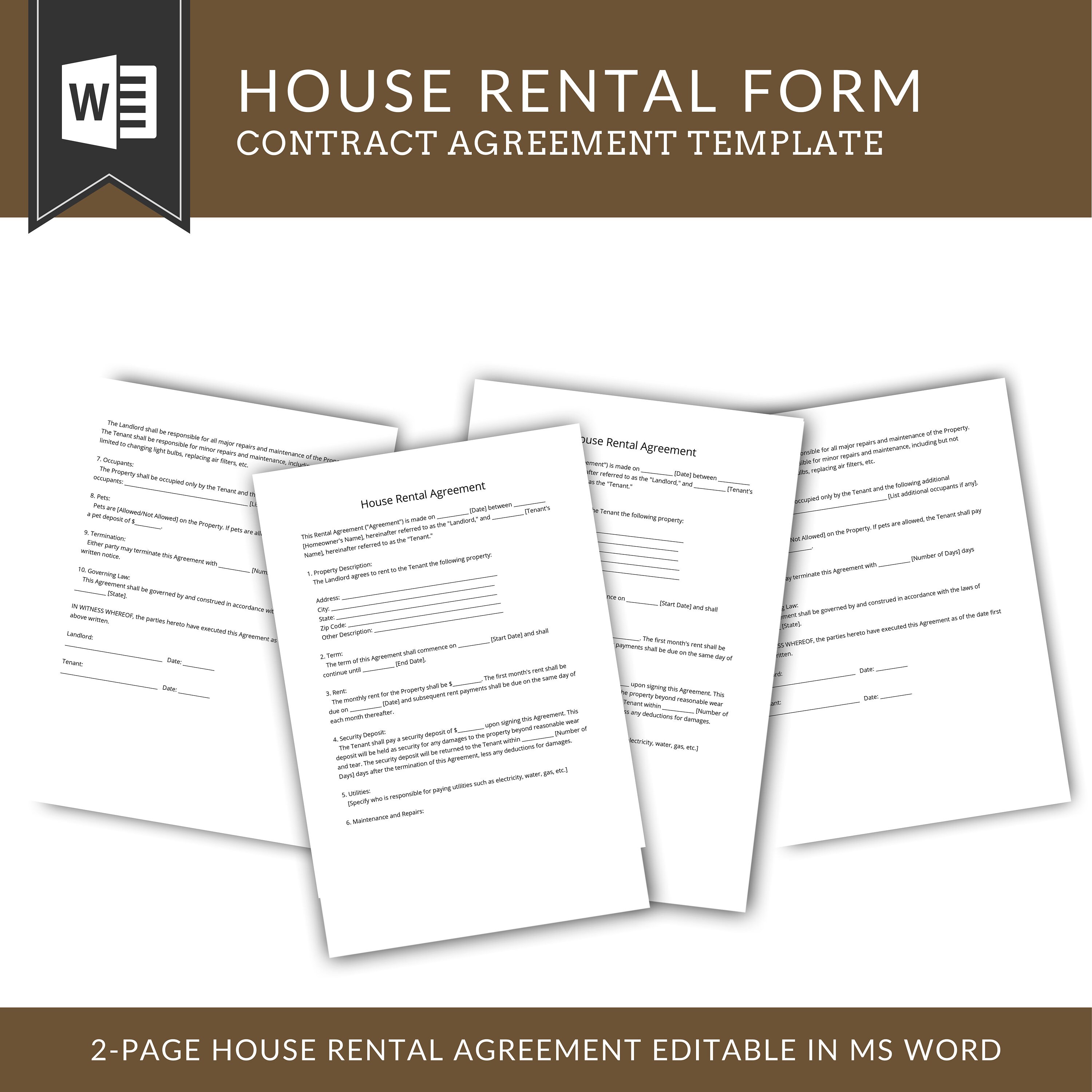 House Rental Agreement Form MS Word Editable Landlord Lease Contract ...