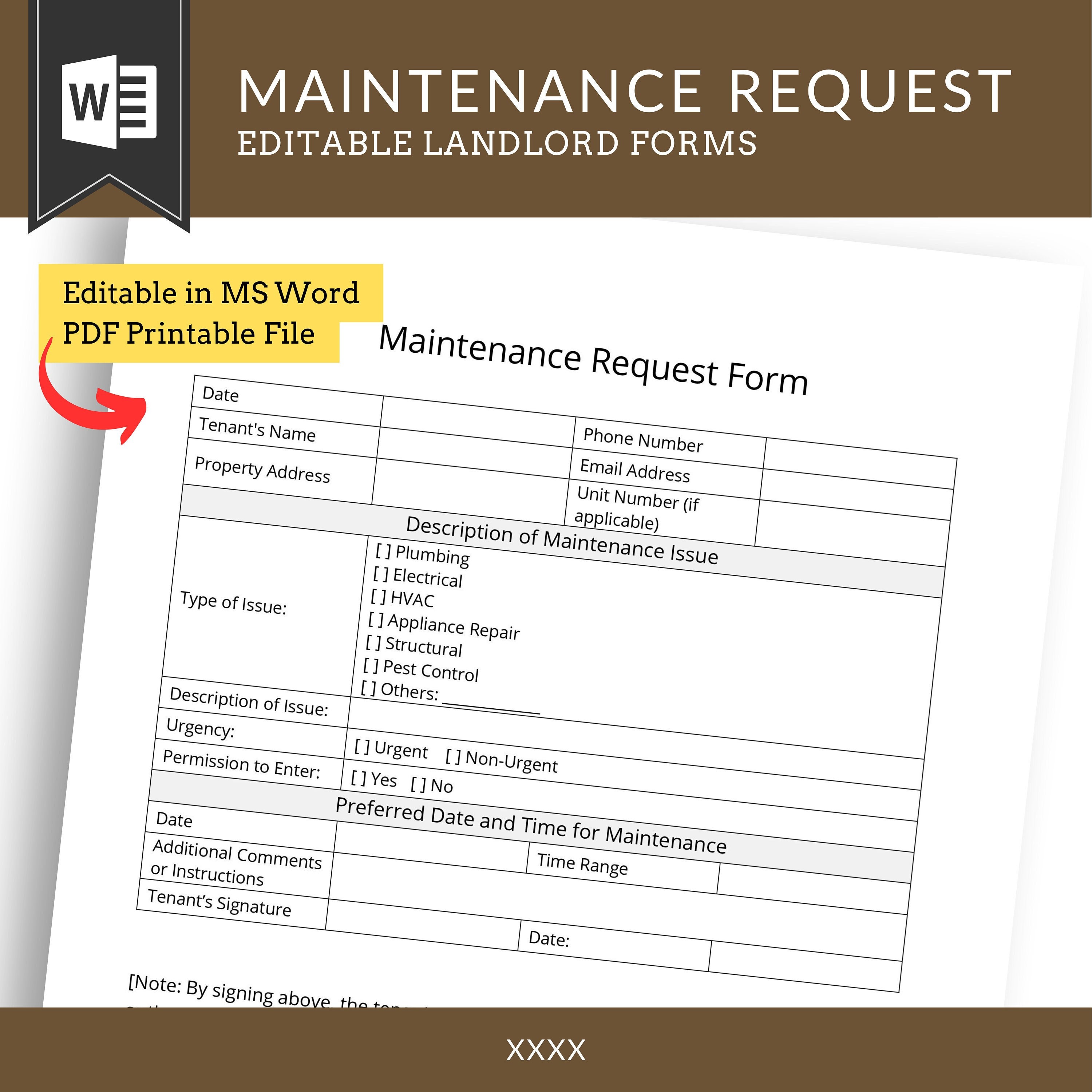 Maintenance Request Form Editable in MS Word | Printable PDF| Tenancy ...