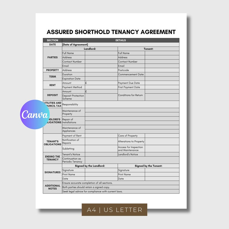 Assured Shorthold Tenancy Agreement Form Canva Template AST Editable - Etsy
