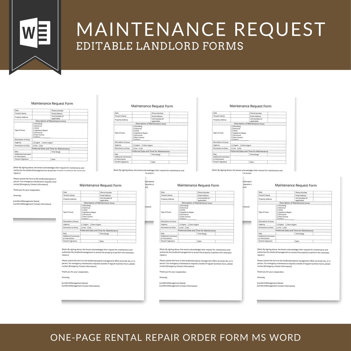 Maintenance Request Form Editable in MS Word | Printable PDF| Tenancy ...
