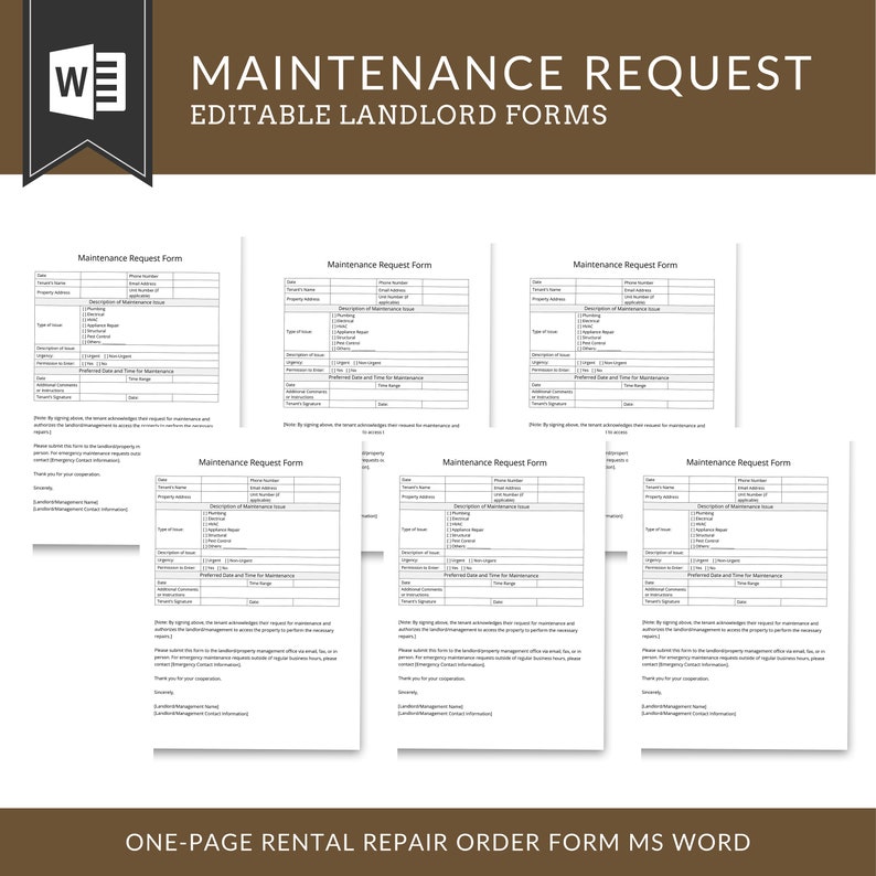 Maintenance Request Form Editable in MS Word | Printable PDF| Tenancy ...